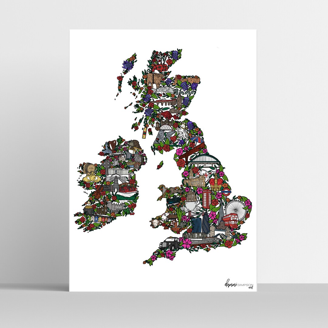 UK Ireland Map Illustration Art Print, UK Poster, Ireland Art, United ...