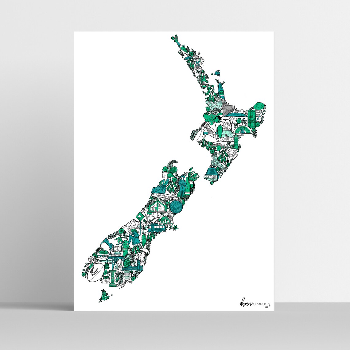 New Zealand Map Illustration Art Print NZ Poster New Zealand | Etsy