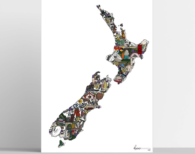 New Zealand Map Illustration Art Print NZ Poster New Zealand - Etsy New ...