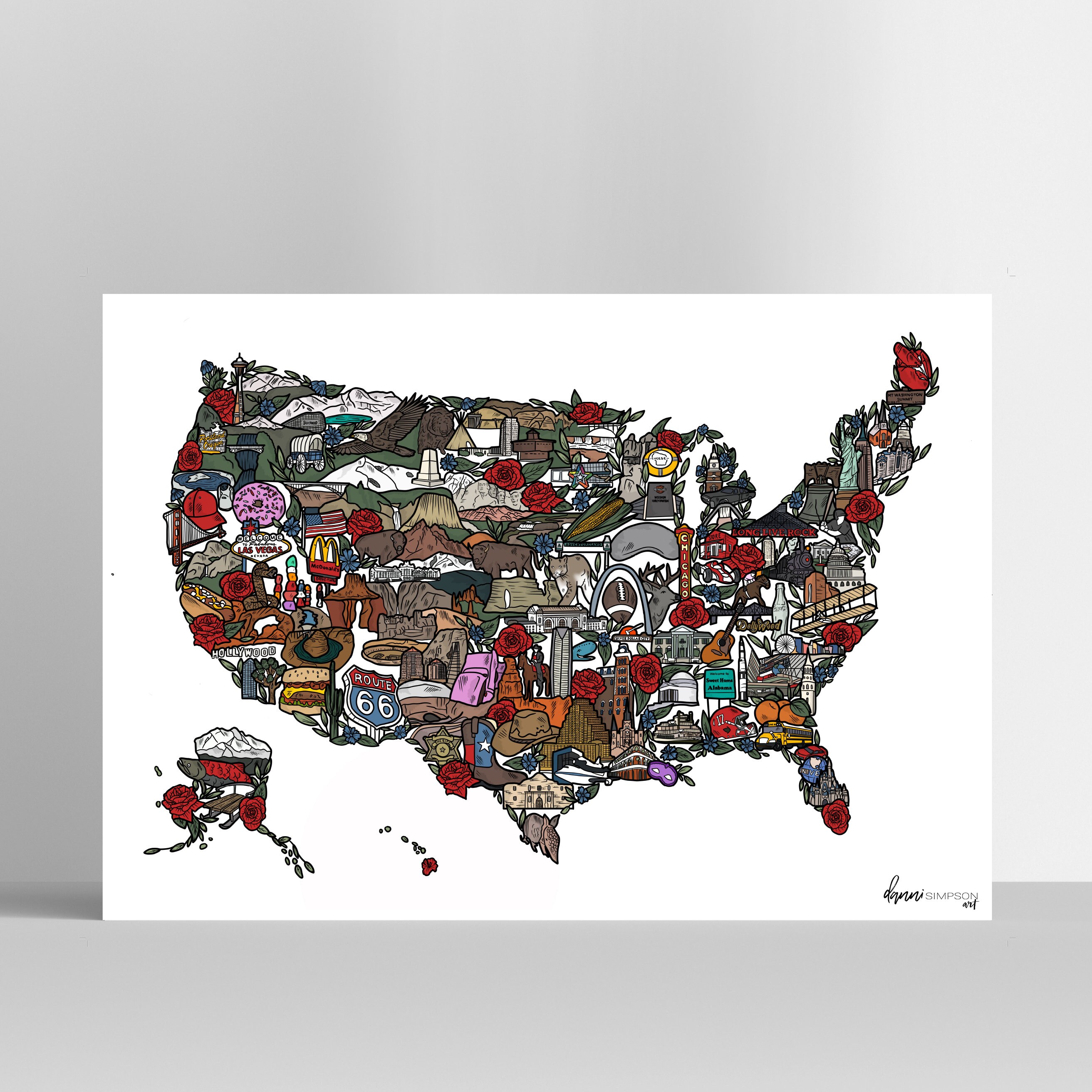 USA Map Illustration Art Print, USA Poster, U.S.A Art, USA Map, Travel ...