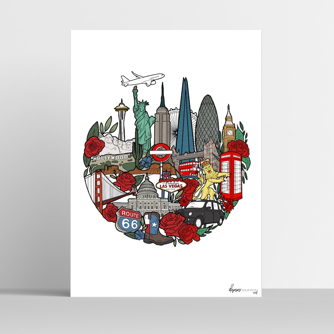 USA and England Map Illustration Art Print, USA & England Poster ...