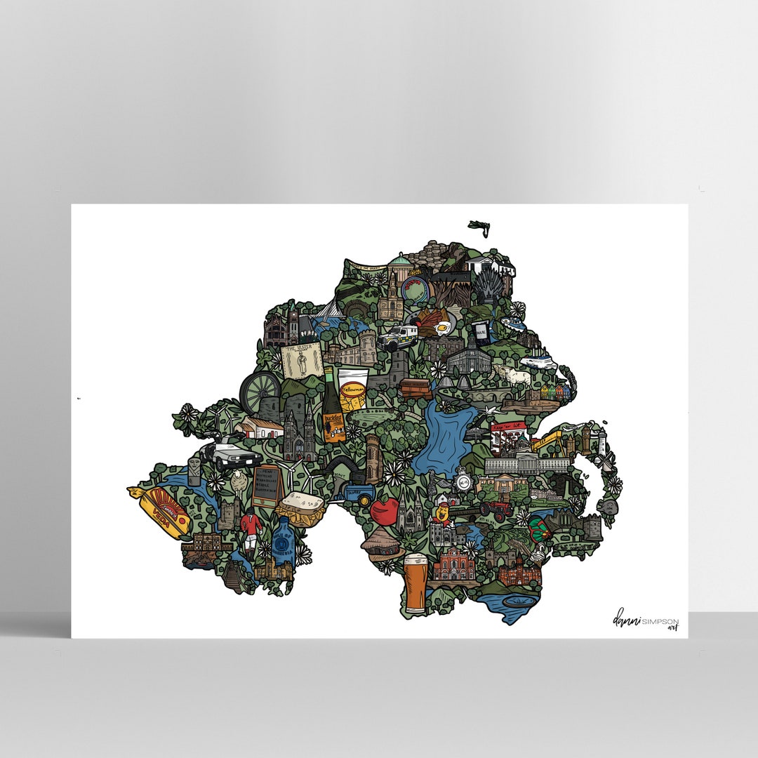 Northern Ireland Map Illustration Art Print, Belfast Poster, Ireland ...