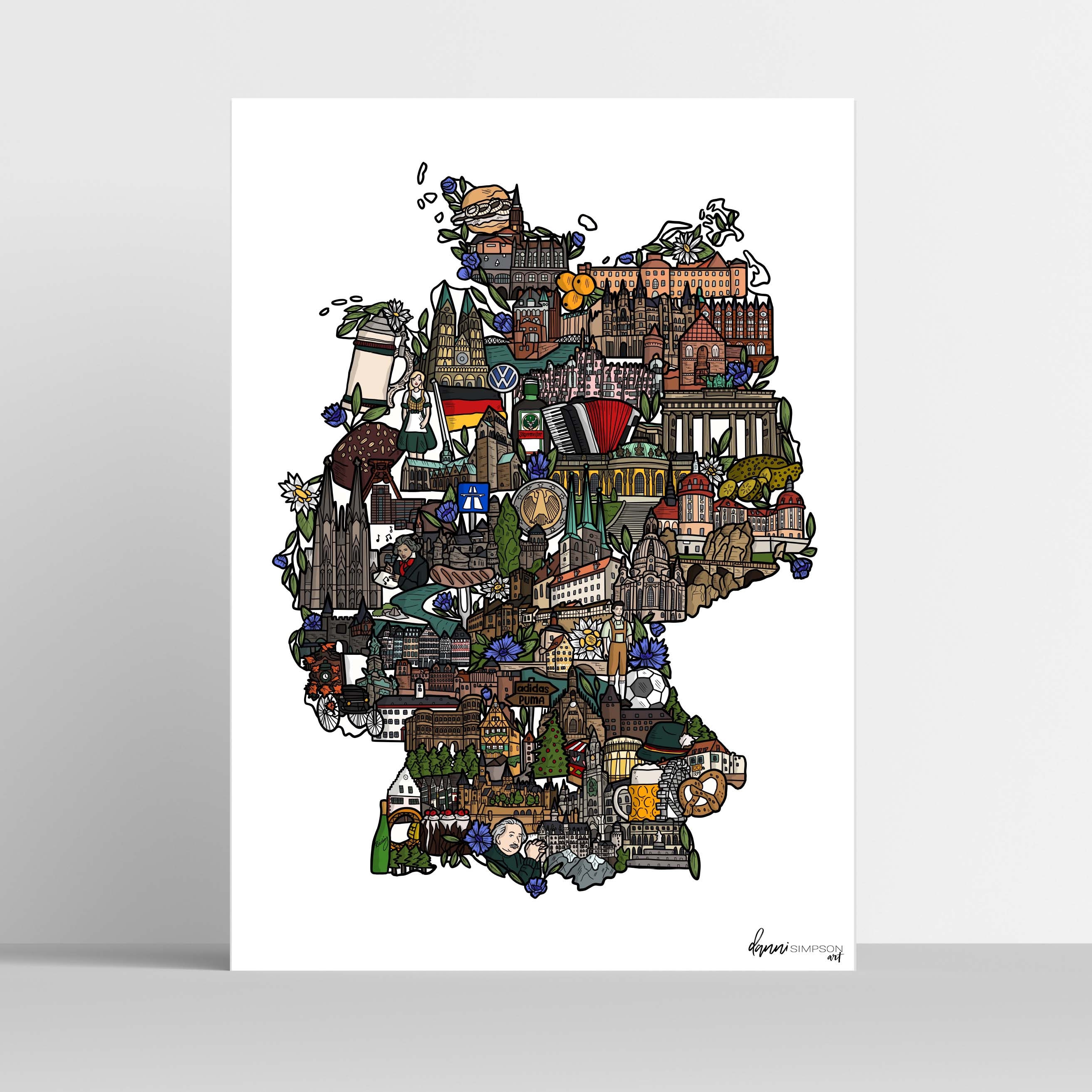 Germany Map Illustration Art Print, German Poster, Deutschland Art ...