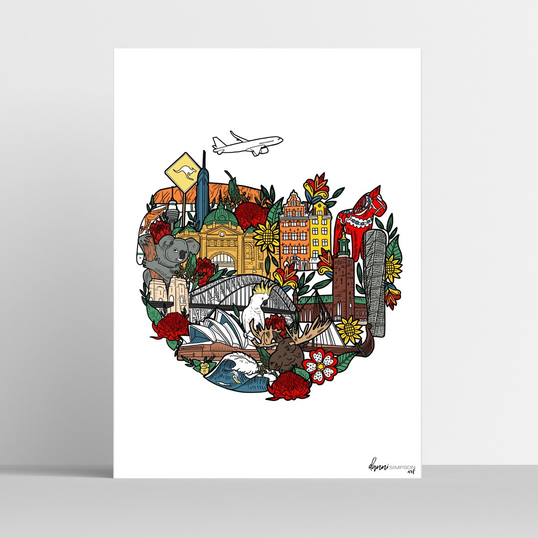Sweden and Australia Map Illustration Art Print, Sweden & Australia ...