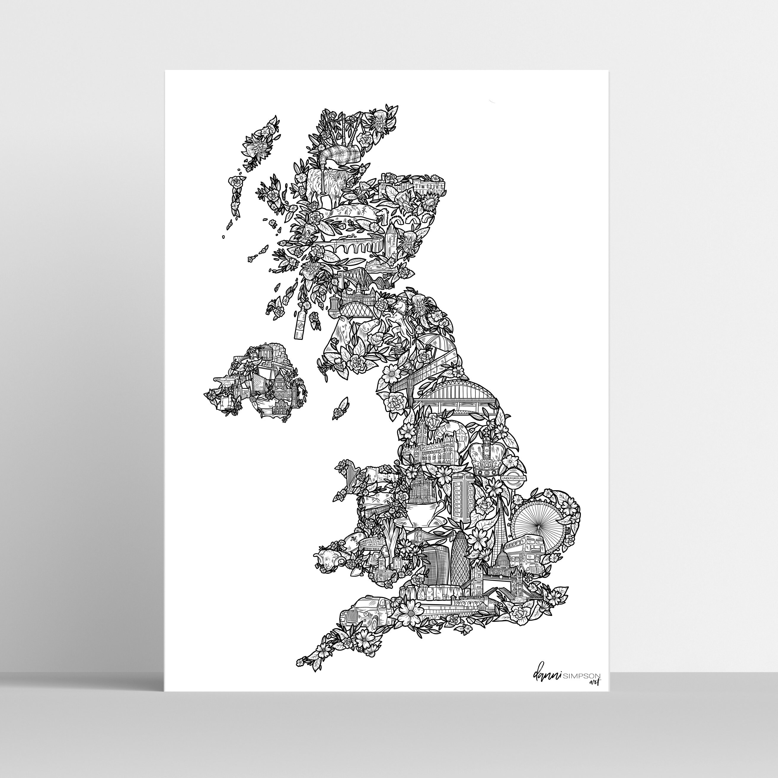 UK Map Illustration Art Print, UK Poster, Britain Art, United Kingdom ...