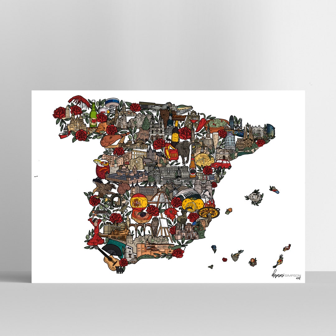 Spain Map Illustration Art Print, Spanish Poster, Spain Art, Spain Map ...