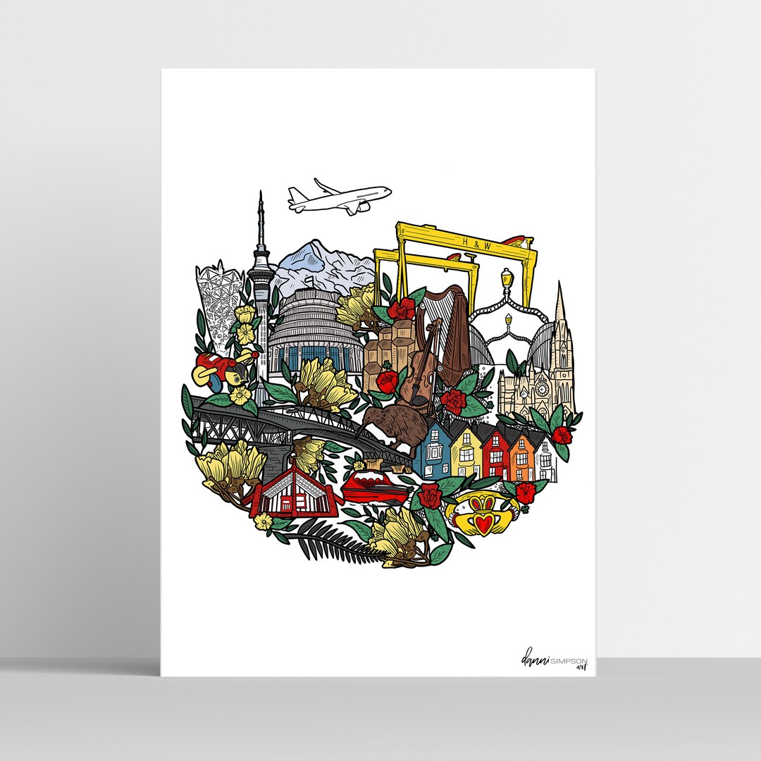 NZ Ireland Map Illustration Art Print, New Zealand Belfast Dublin ...