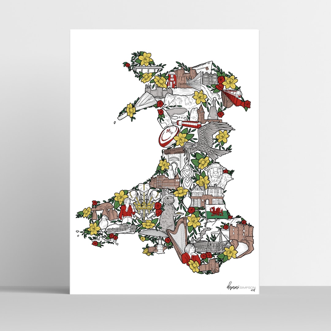 Wales Map Illustration Art Print, Welsh Poster, UK Art, Travel ...