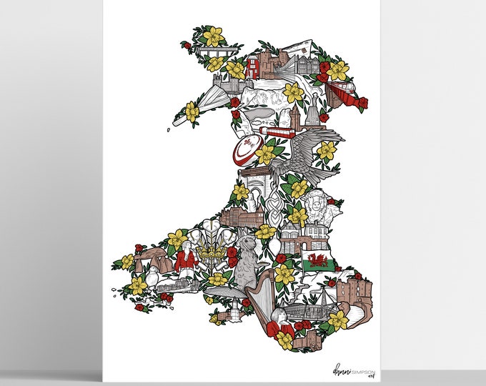 Wales Map Illustration Art Print, Welsh Poster, UK Art, Travel ...