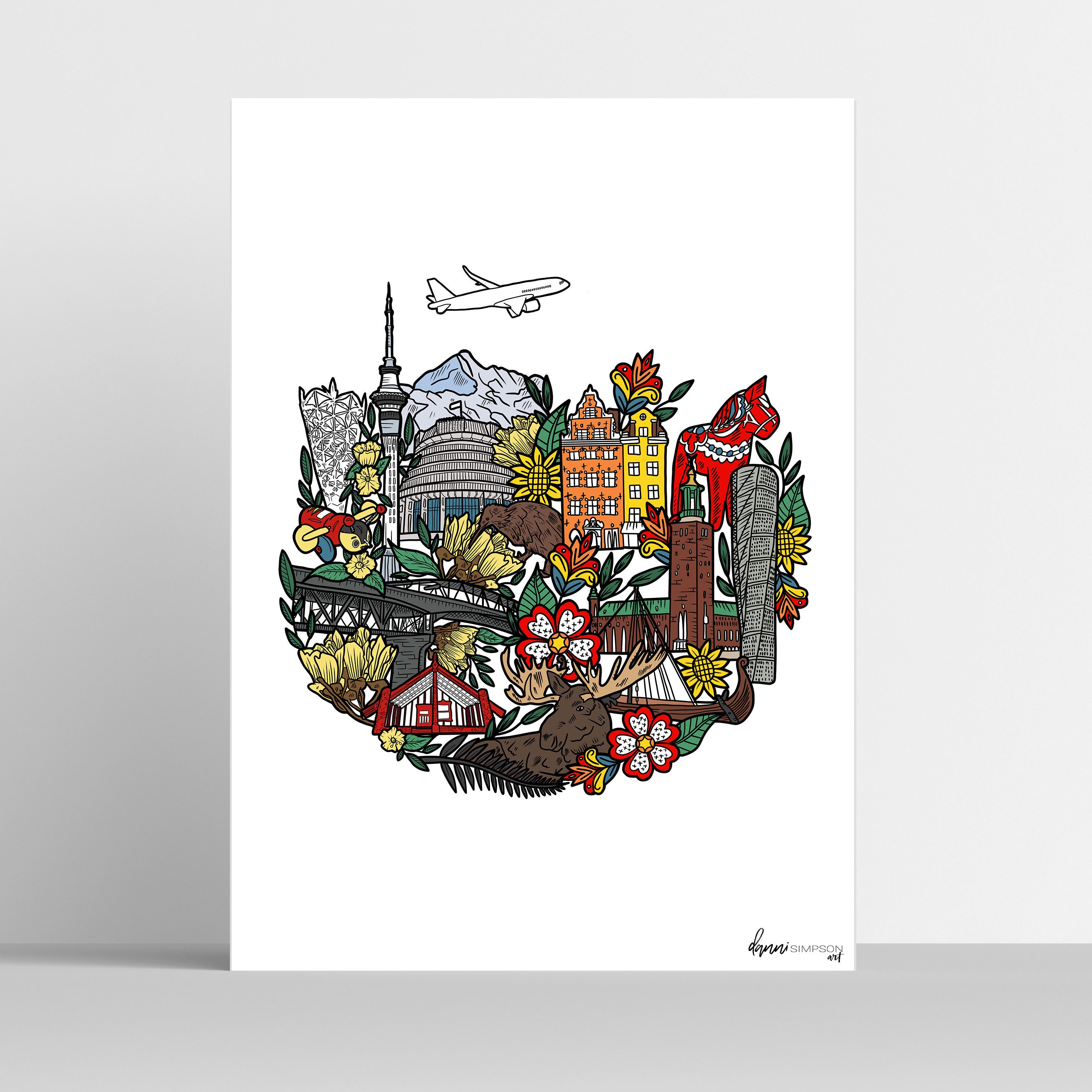 Sweden and New Zealand Map Illustration Art Print, Sweden & New Zealand ...