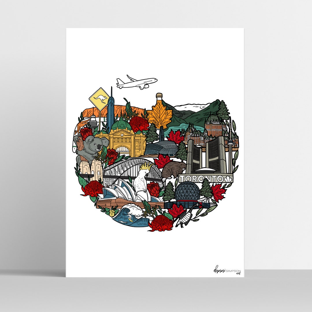 Canada and Australia Map Illustration Art Print, Canadian Australian ...