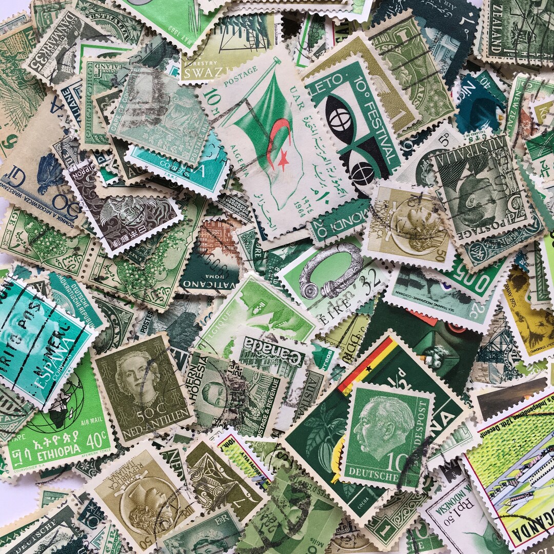 50 Vintage Green Postage Stamps: World Ephemera for Collage & Journals ...
