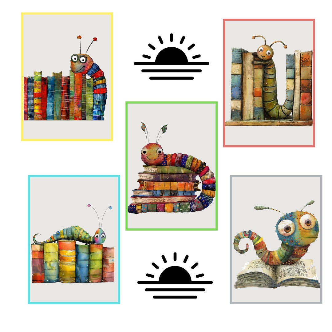 Bookworm Wall Art Set, Kids Reading Decor, Colorful Book Art Prints ...