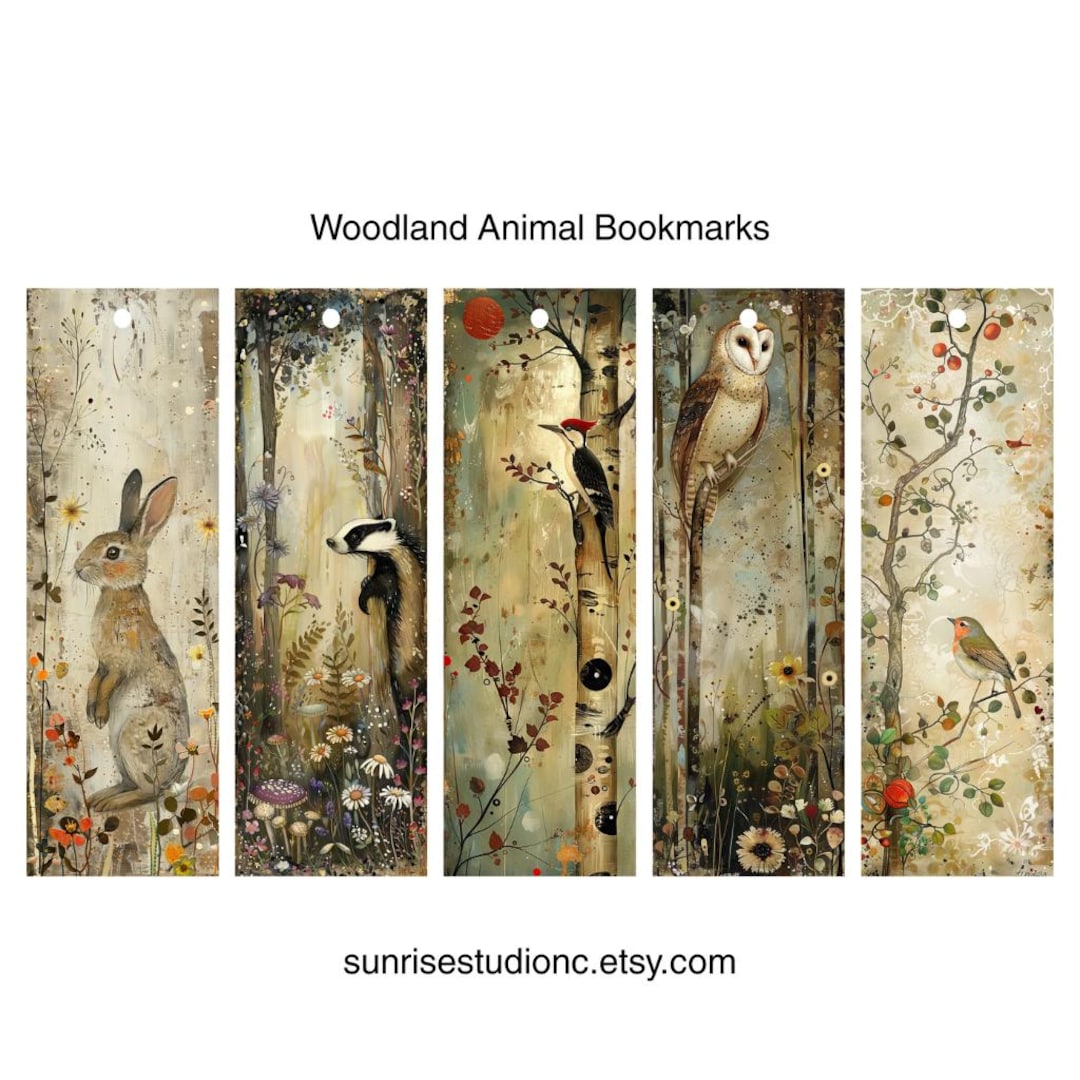 Woodland Animal Bookmark Set • Forest Rabbit, Owl, Badger, Bird Art ...