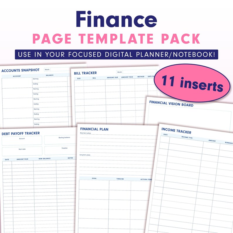 Finance Page Template Insert Pack for the Focused Digital Planner ...