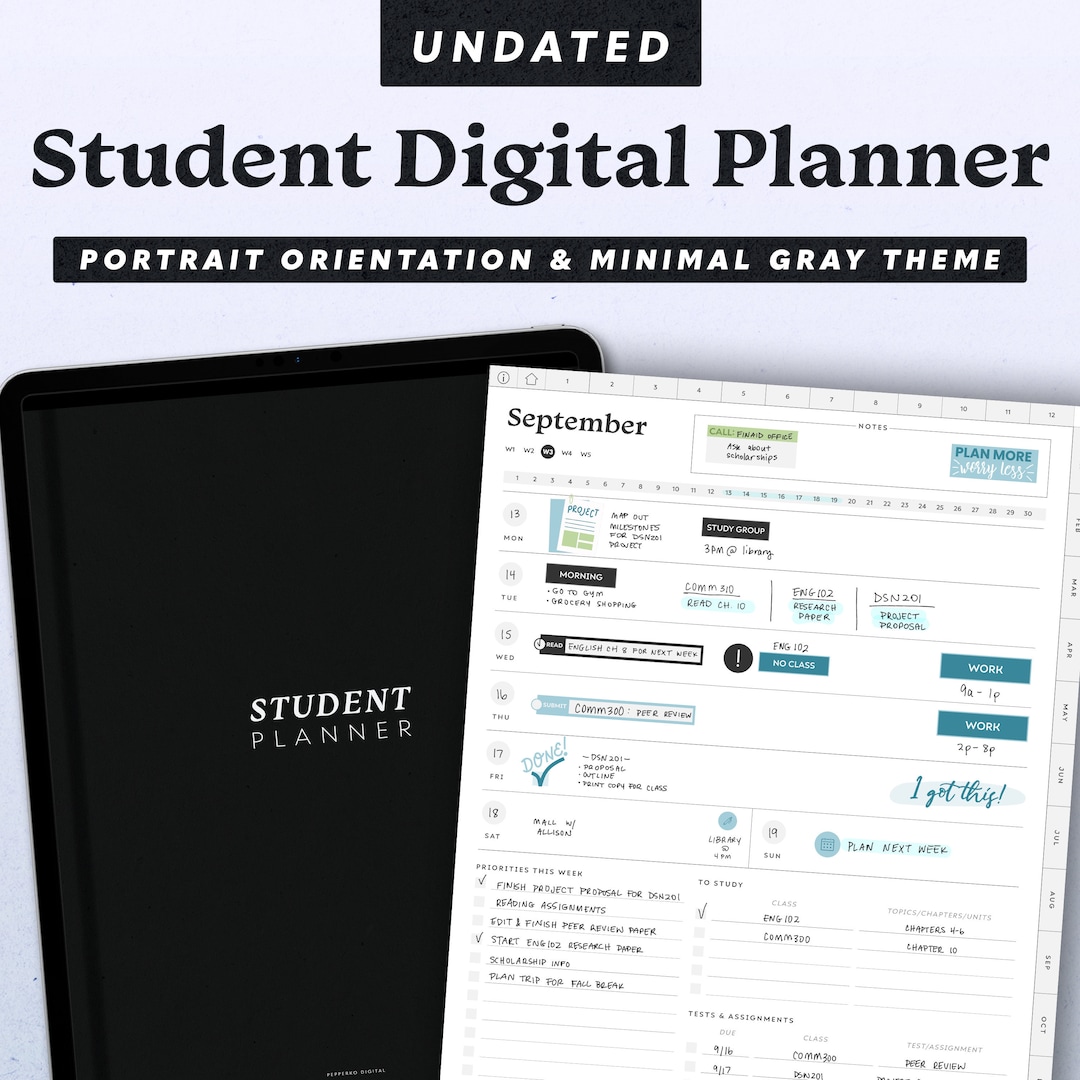 Undated Student Digital Planner: Minimalist Portrait Mode - Etsy