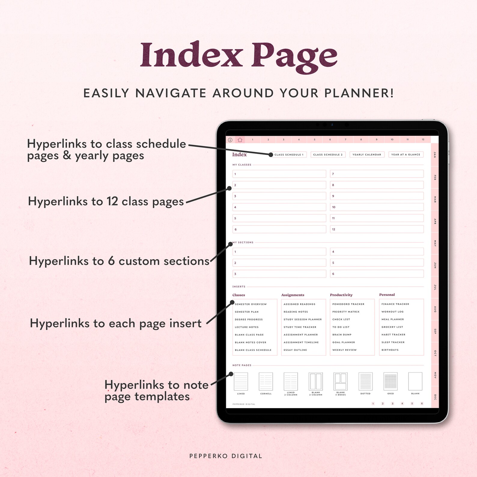 Undated Academic Digital Planner for iPad & Tablet | Vertical Student ...