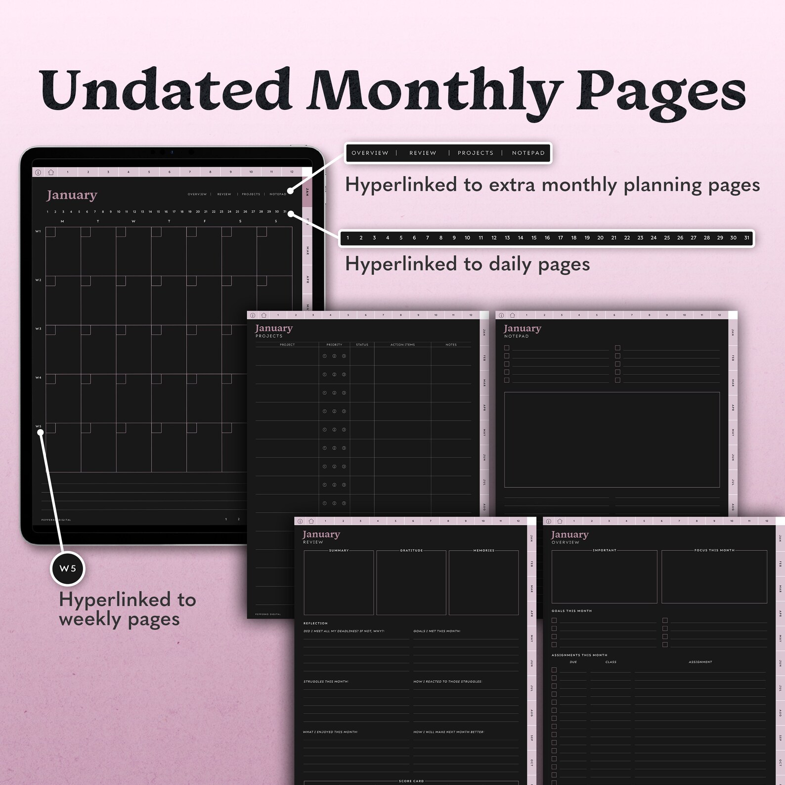 Undated Student Digital Planner: Portrait Dark Mode (PDF) - Etsy