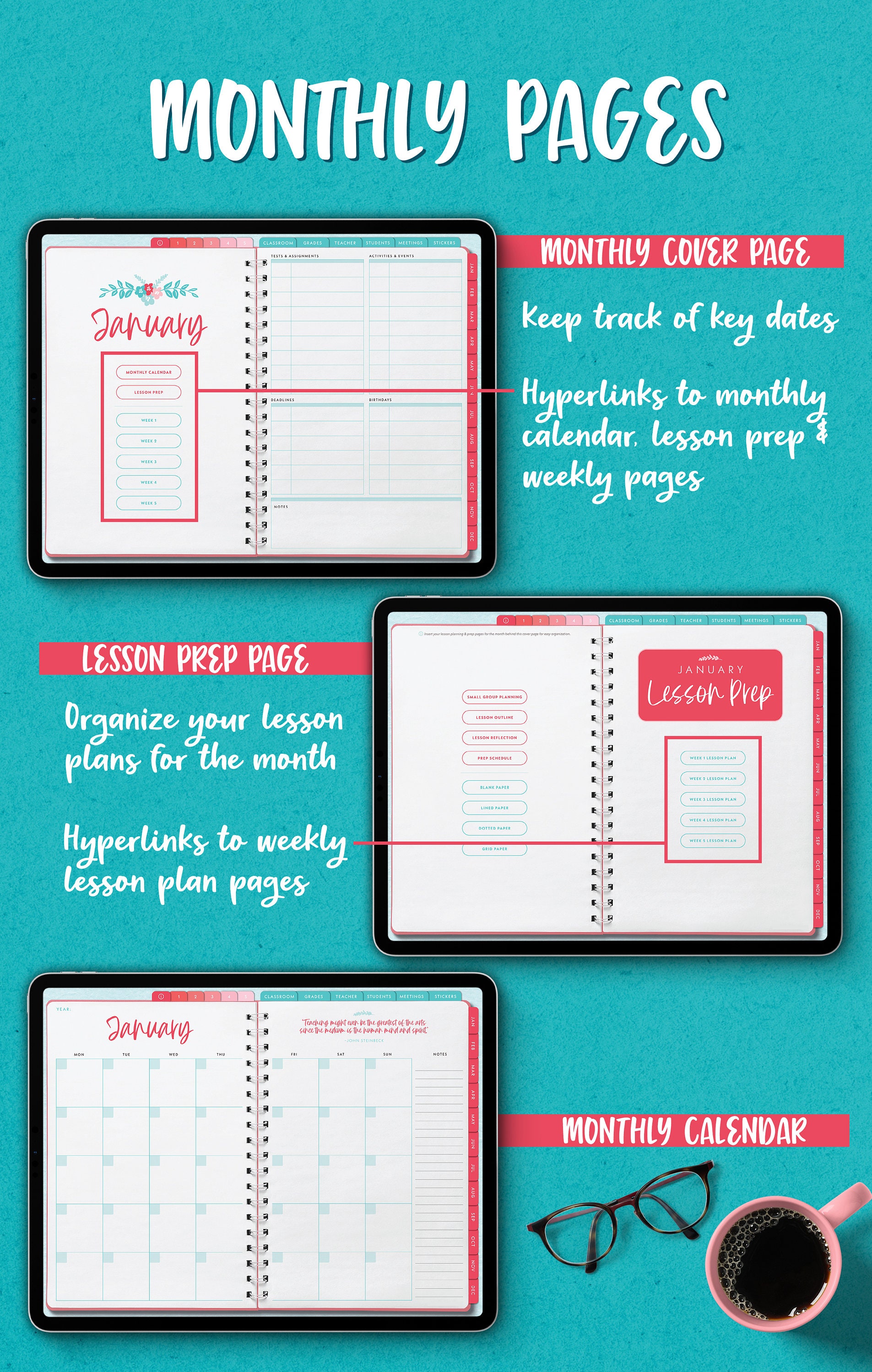 Undated Blue and Pink Landscape Teacher Digital Planner for | Etsy