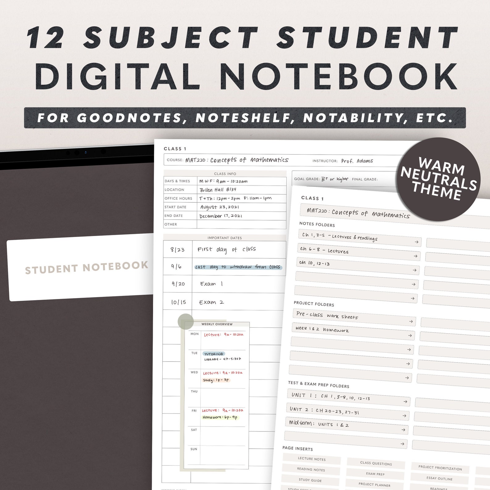 Student Digital Notebook 12 Subject Academic Notebook for Goodnotes ...