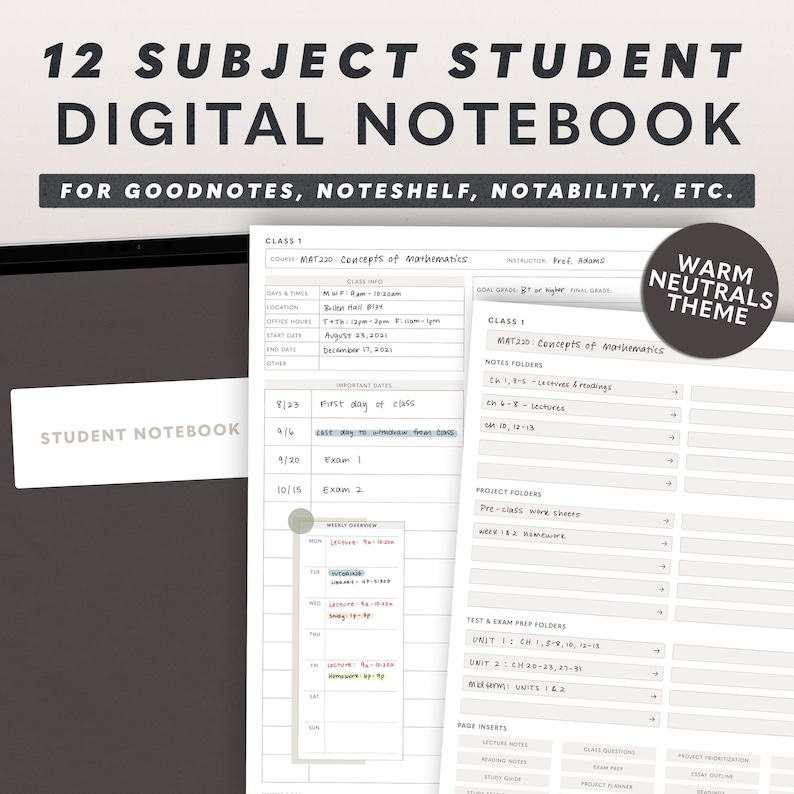 Student Digital Notebook 12 Subject Academic Notebook for - Etsy