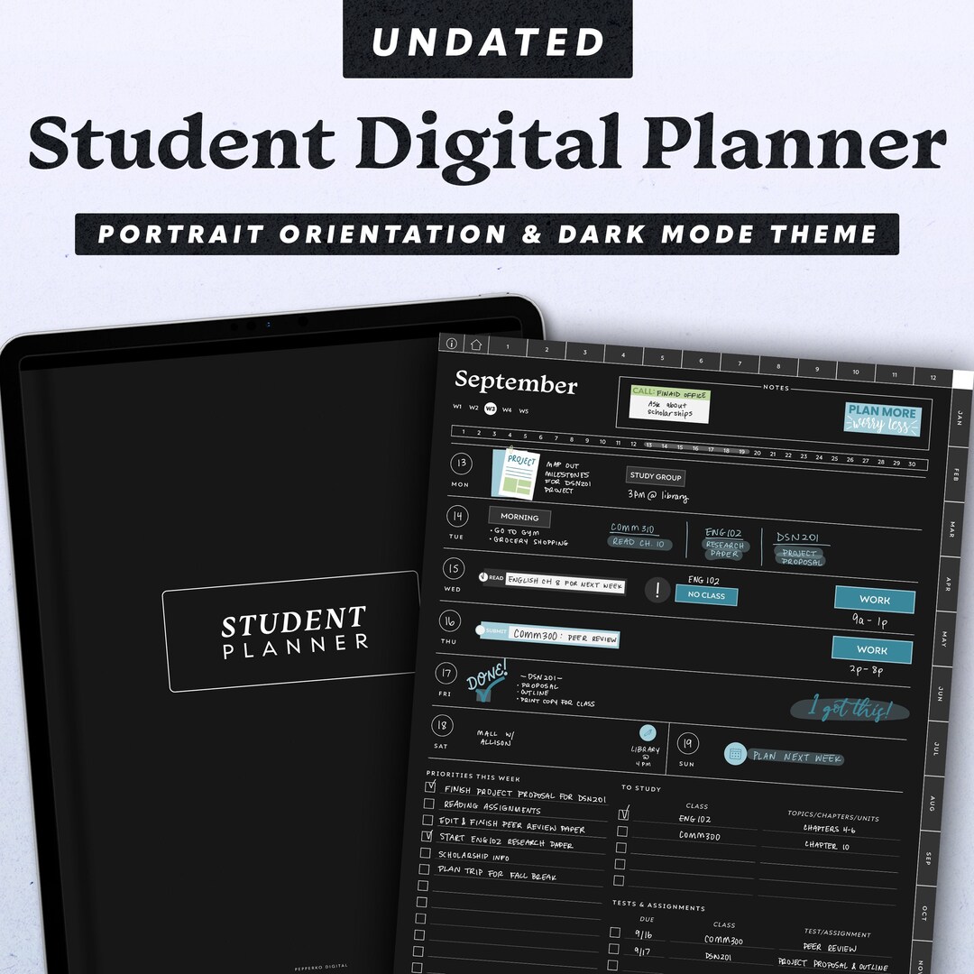 Undated Student Digital Planner | Vertical Academic Digital Planner for ...