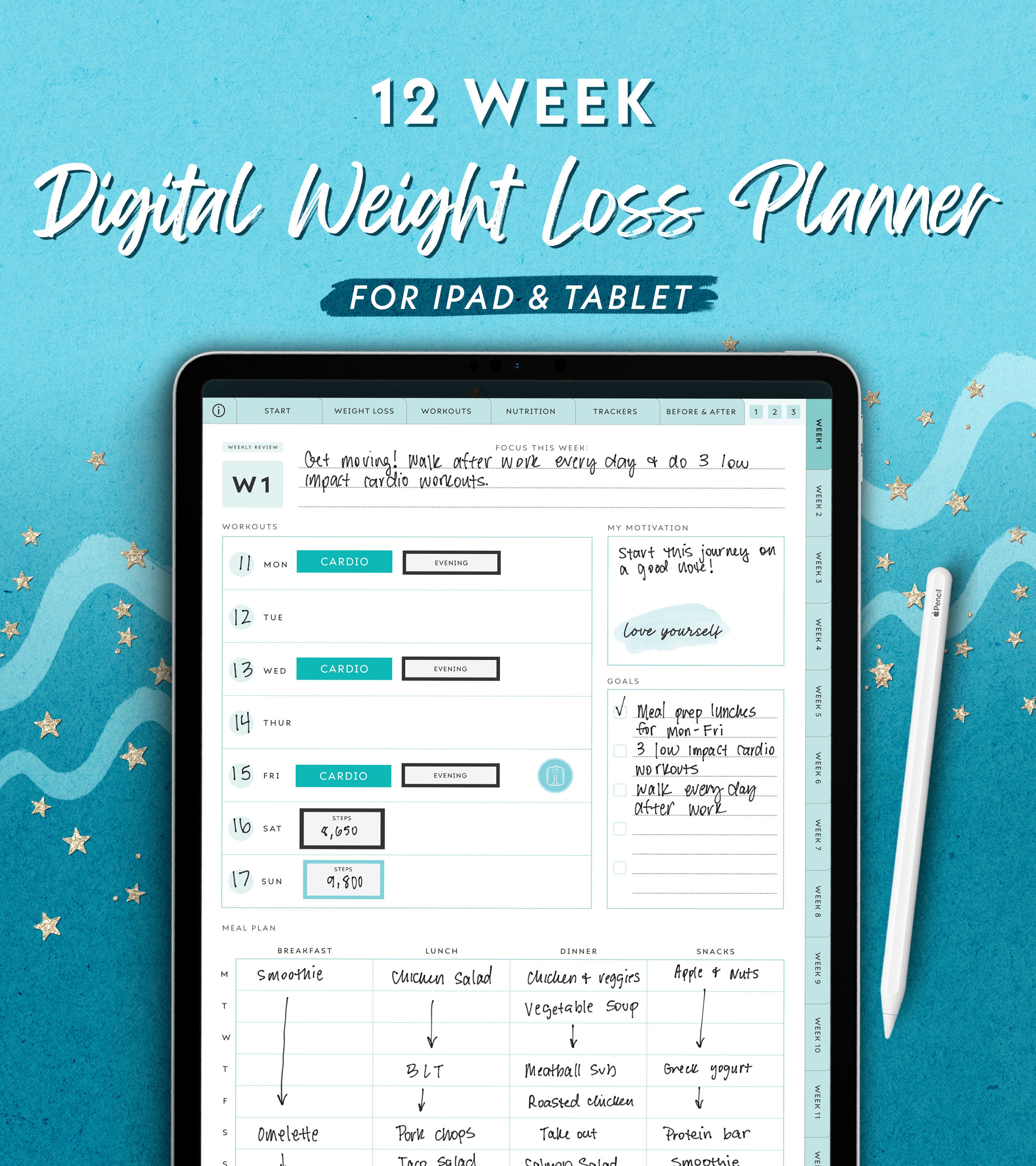 12 Week Weight Loss Digital Planner for iPad and Tablet | Portrait ...