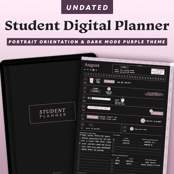 Undated Student Digital Planner Portrait Dark Mode Academic | Etsy