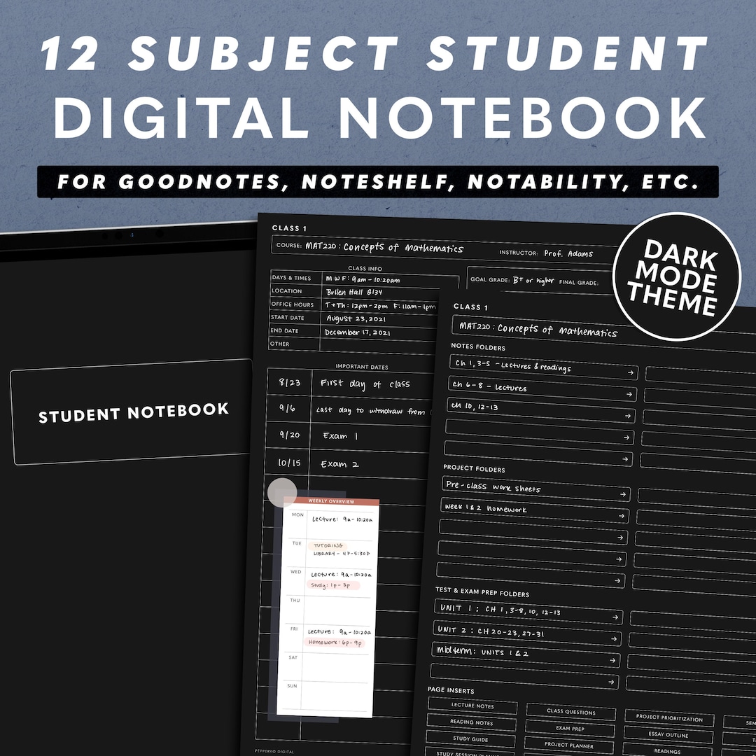 Dark Mode Student Notebook for Goodnotes, Noteshelf, Notability ...