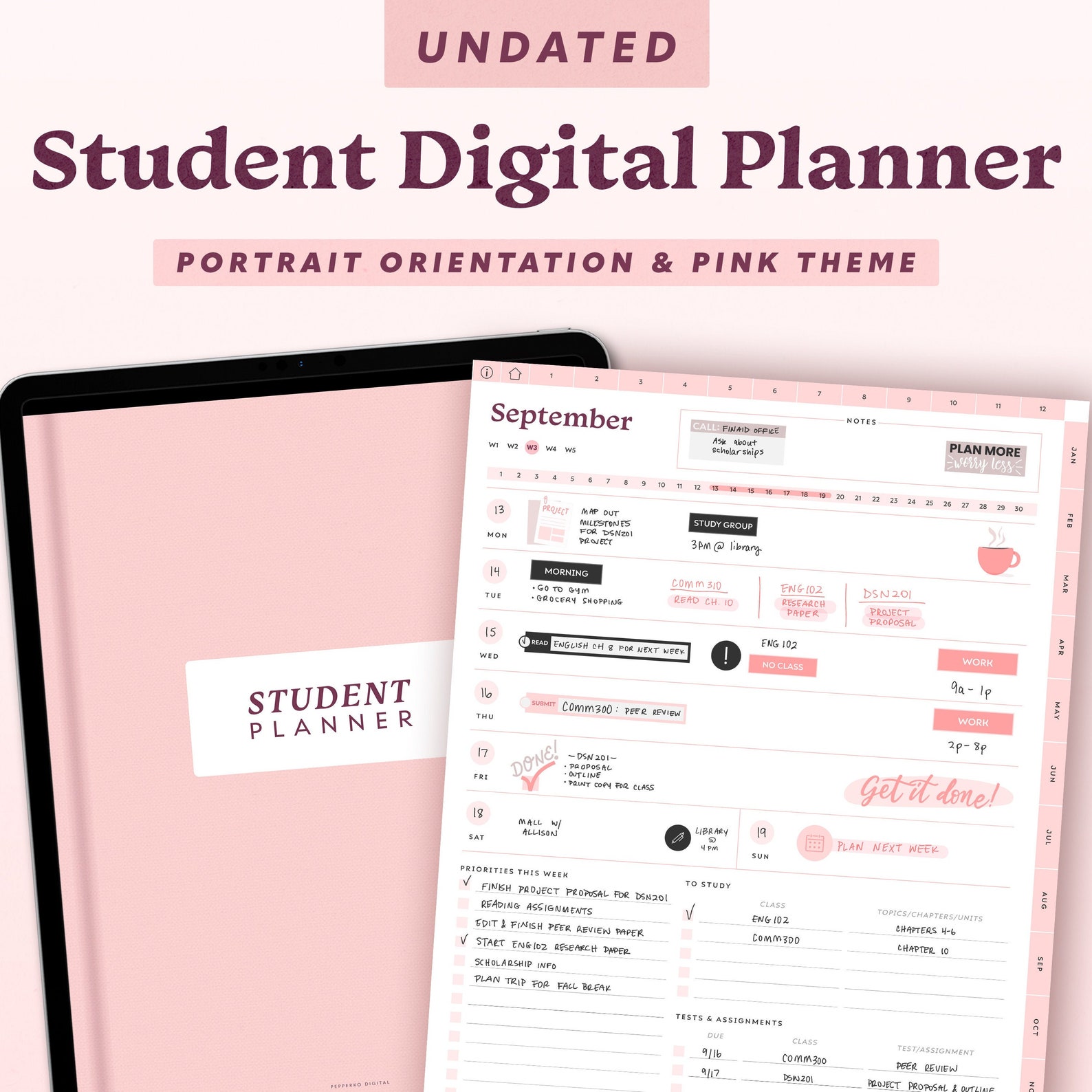 Undated Academic Digital Planner for iPad & Tablet | Vertical Student ...