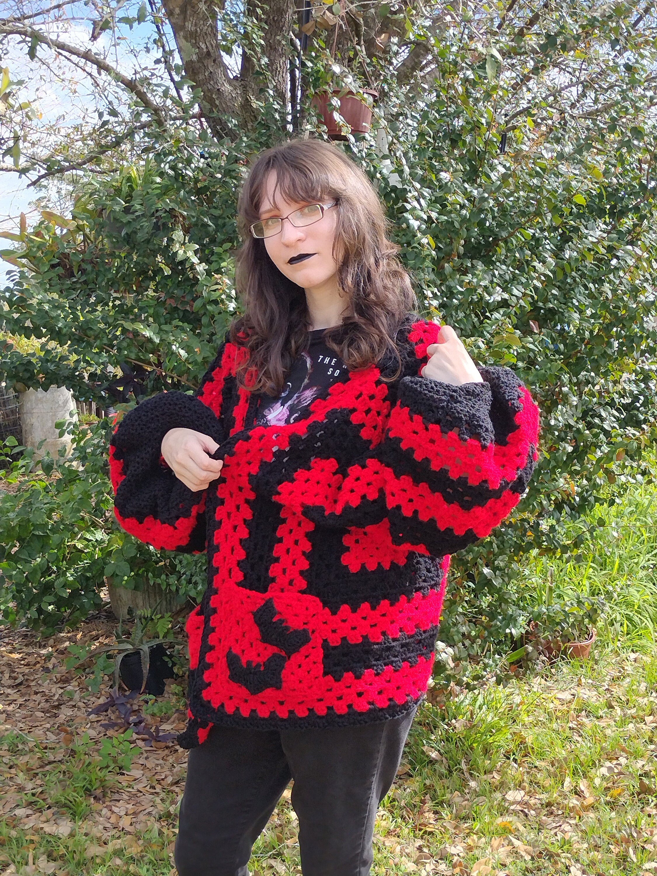 It's Friggin Bats Oversized Crochet Granny Hexagon Cardigan, Red and ...