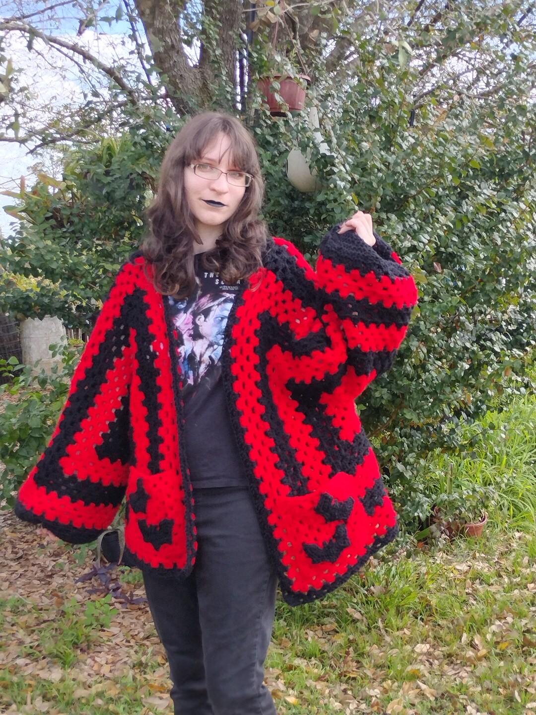 It's Friggin Bats Oversized Crochet Granny Hexagon Cardigan, Red and ...