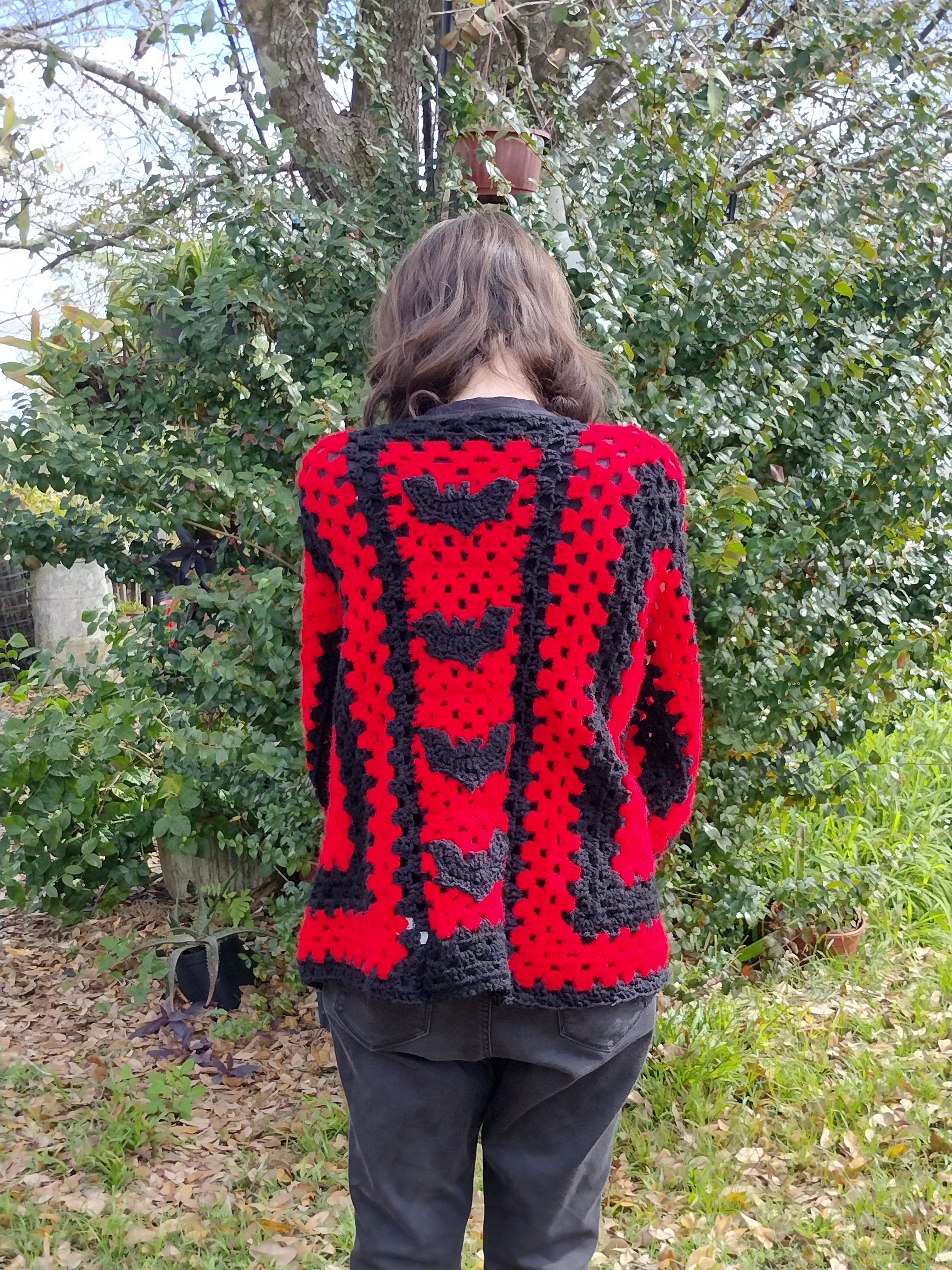 It's Friggin Bats Oversized Crochet Granny Hexagon Cardigan, Red and ...