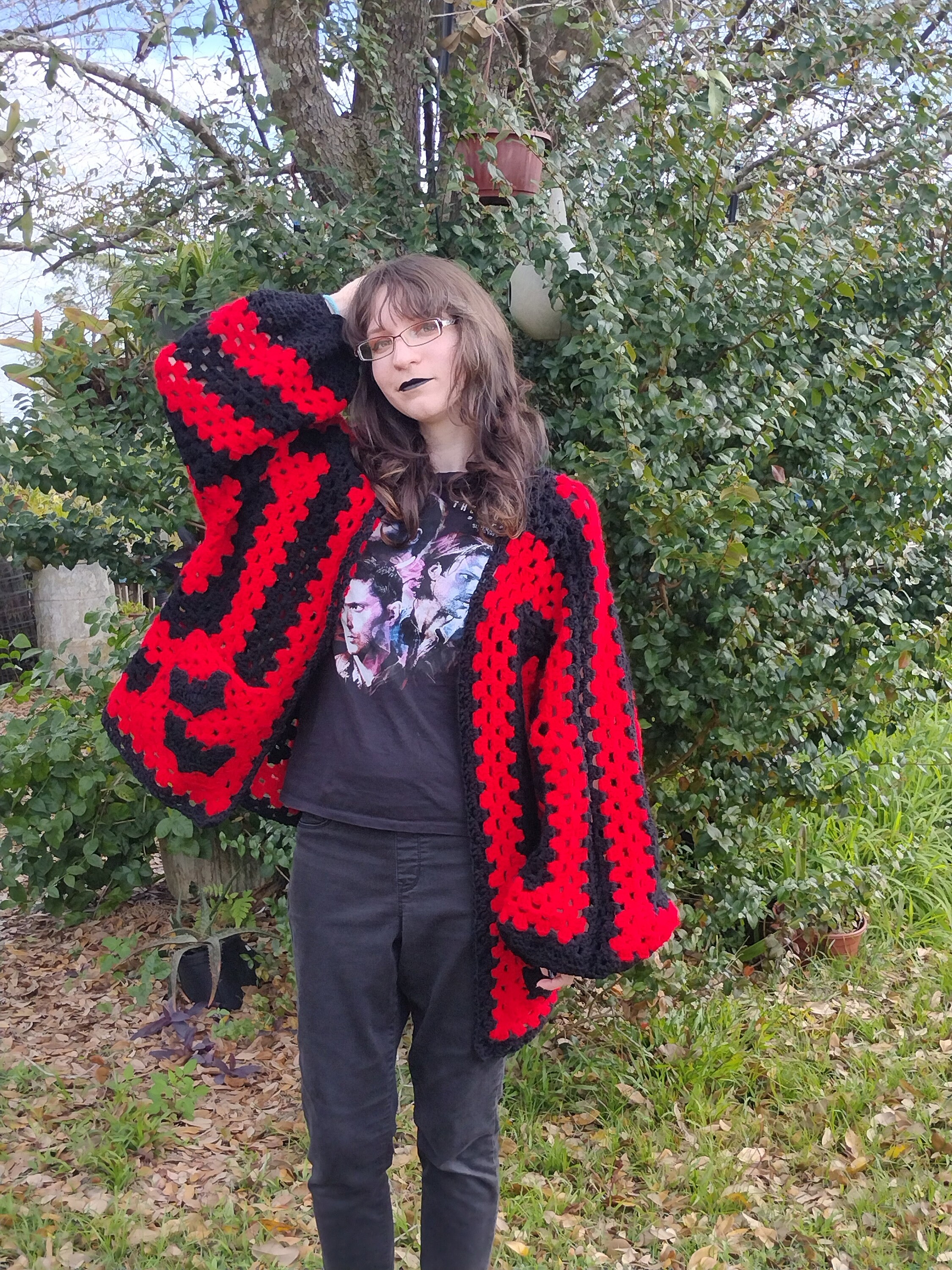It's Friggin Bats Oversized Crochet Granny Hexagon Cardigan, Red and ...