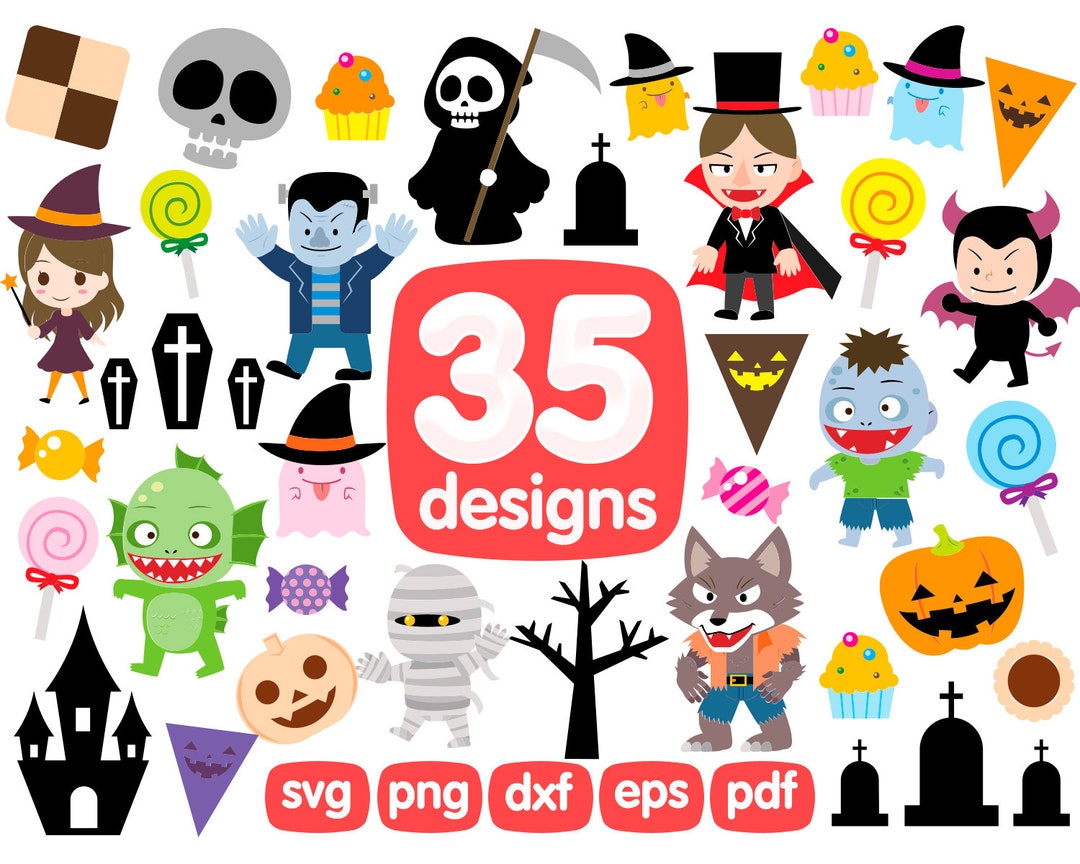 35 Helloween Monster Clipart Bundle, Dracula, Witch, Frankenstein ...
