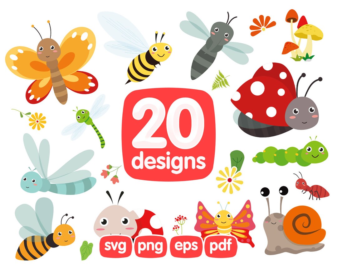 20 Cute Insects Clipart Bundle, Butterfly, Bee, Wasp, Ladybug, Snail ...