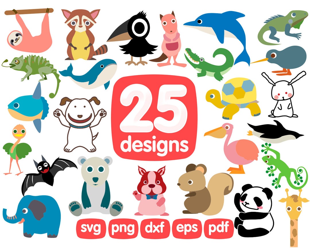 25 Animals Clipart, Animals Bundle Svg, Shark, Elephant, Panda, Kiwi ...
