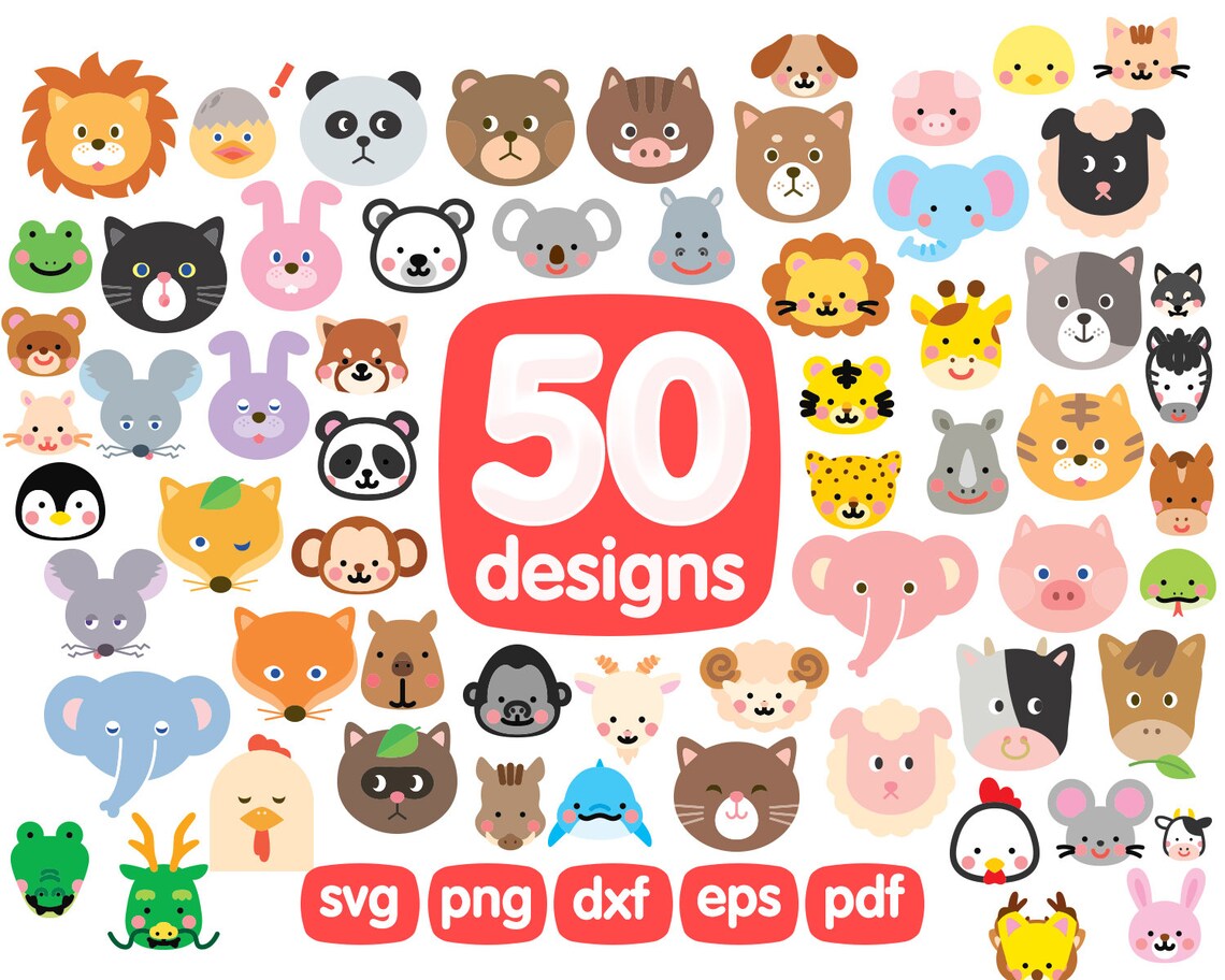 50 Animals Head Clipart Animal Face Clipart Panda Head | Etsy