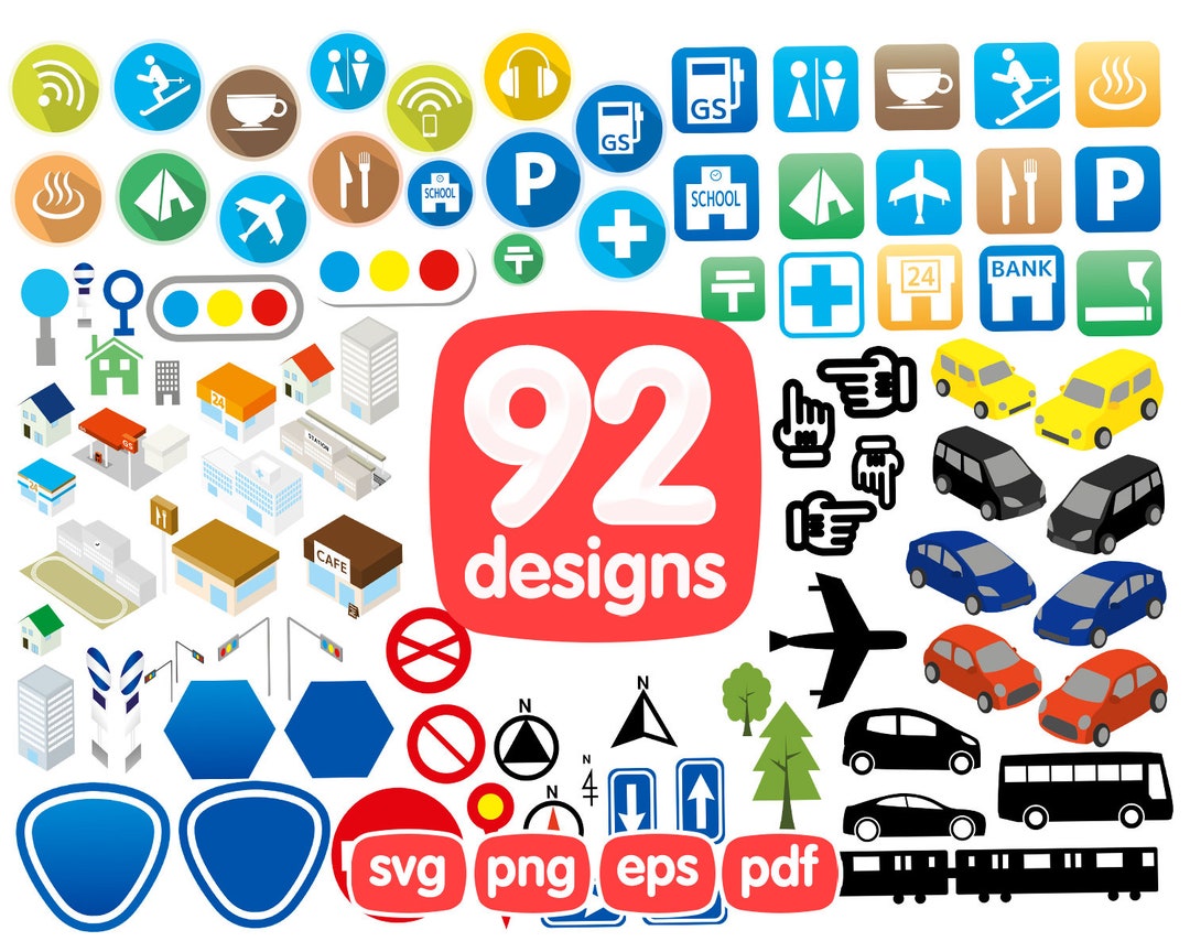 92 Map Icons Clipart Bundle, Car Icon Png, Map Icon Svg, Map Signs ...