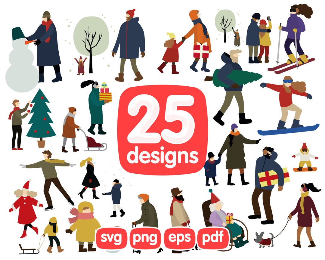 25 Winter People Clipart Bundle, Winter Walk, Sledding, Decorating a ...