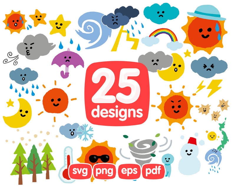 25 Weather Clipart Bundle, Sunny Clipart, Rain Clipart, Wind Clipart ...