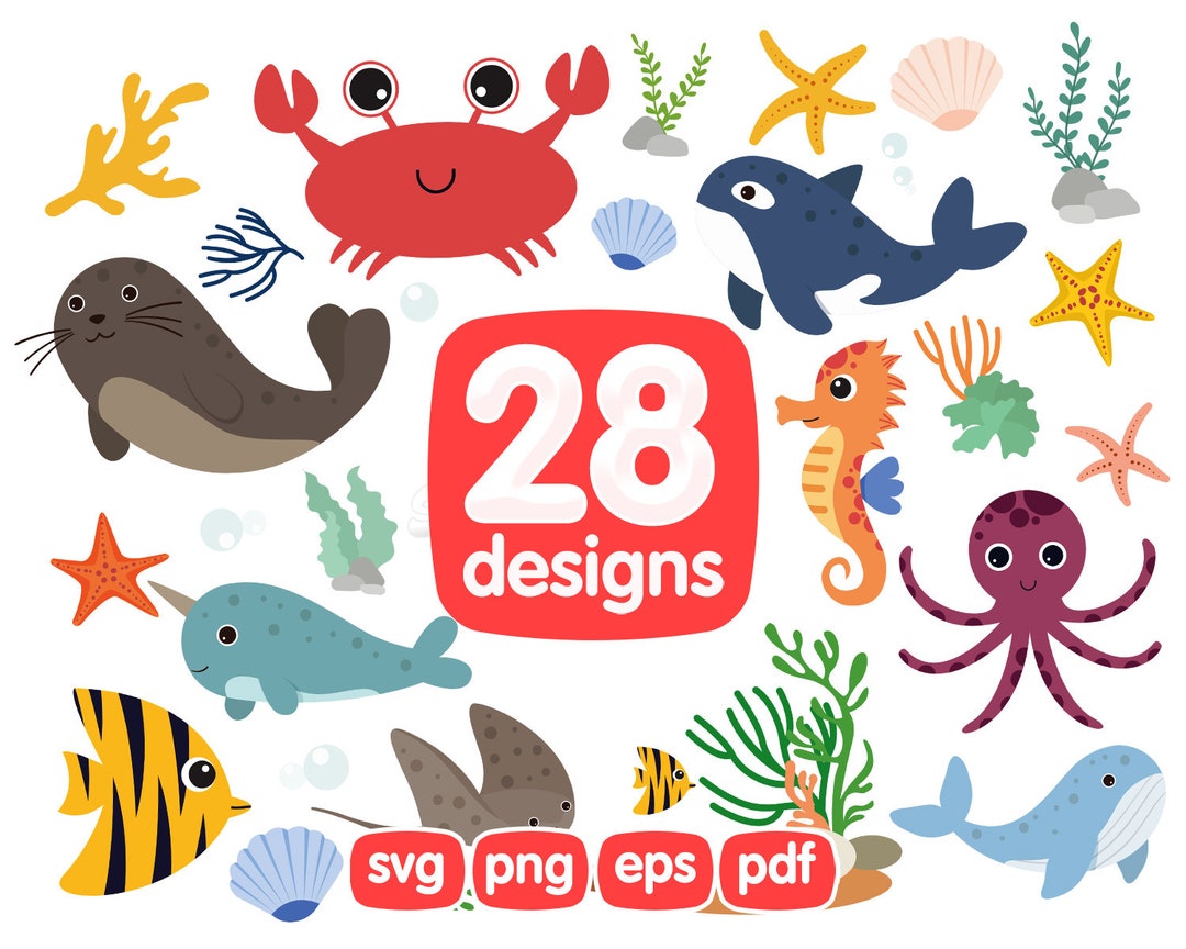 28 Sea Animals Clipart Bundle, Crab, Whale, Seahorse, Octopus, Starfish ...