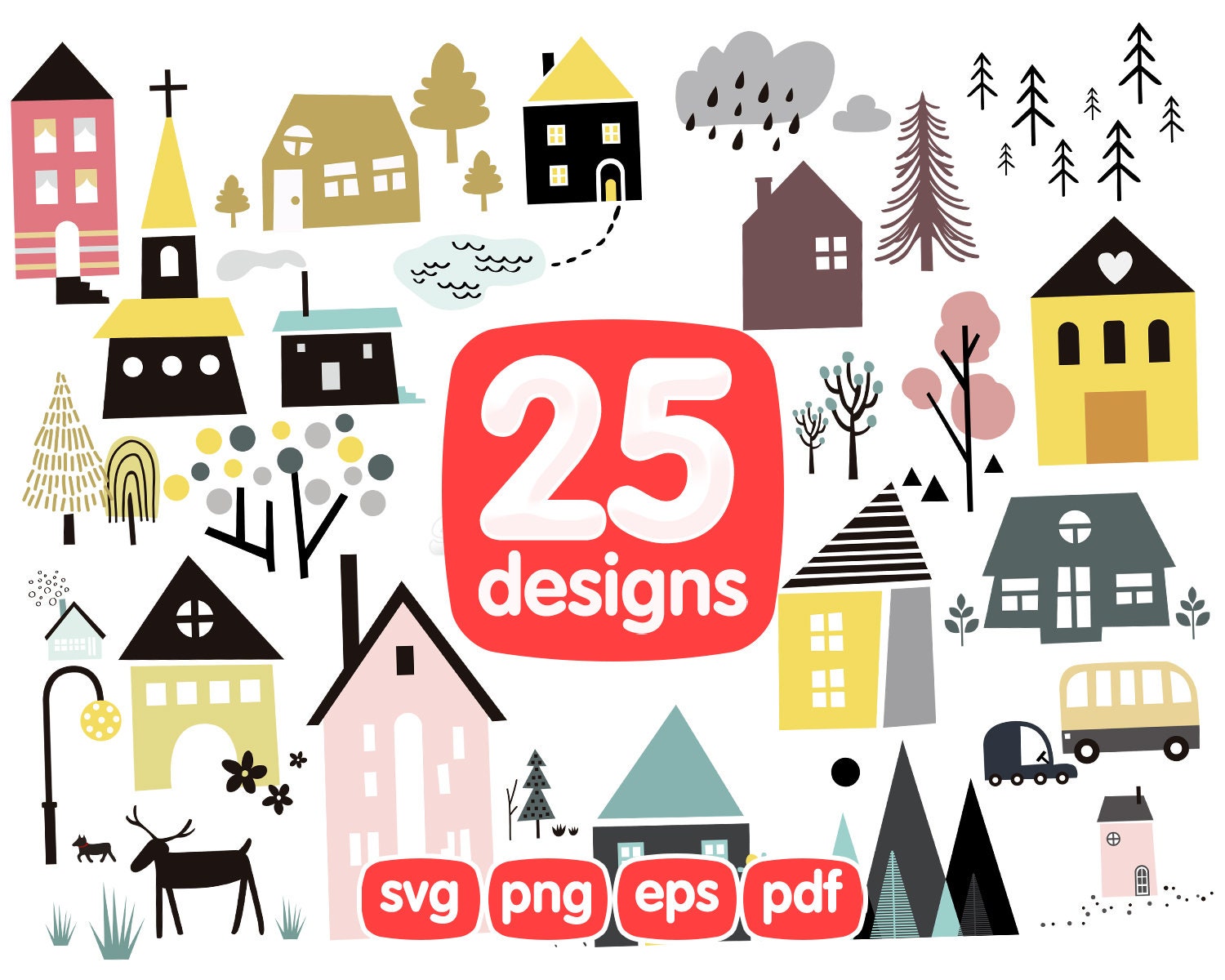 25 Original Scandinavian Houses Clipart Bundle, House, Church, Building ...
