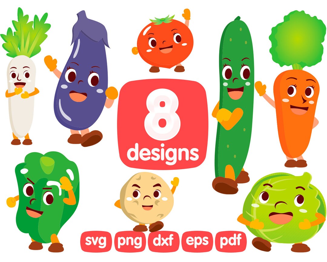 8 Vegetable Character Clipart Bundle, Horseradish, Eggplant, Cucumber ...