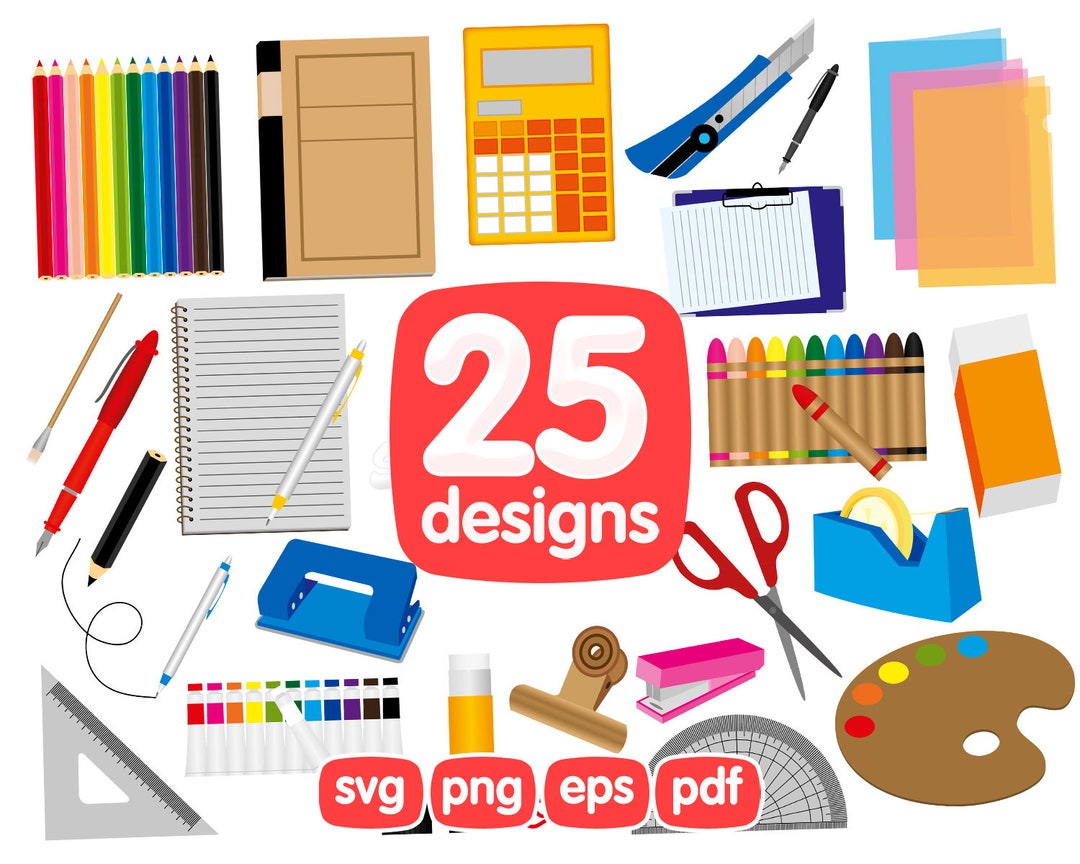 25 Stationary Clipart Bundle, Pencils, Calculator, Notepad, Colored ...
