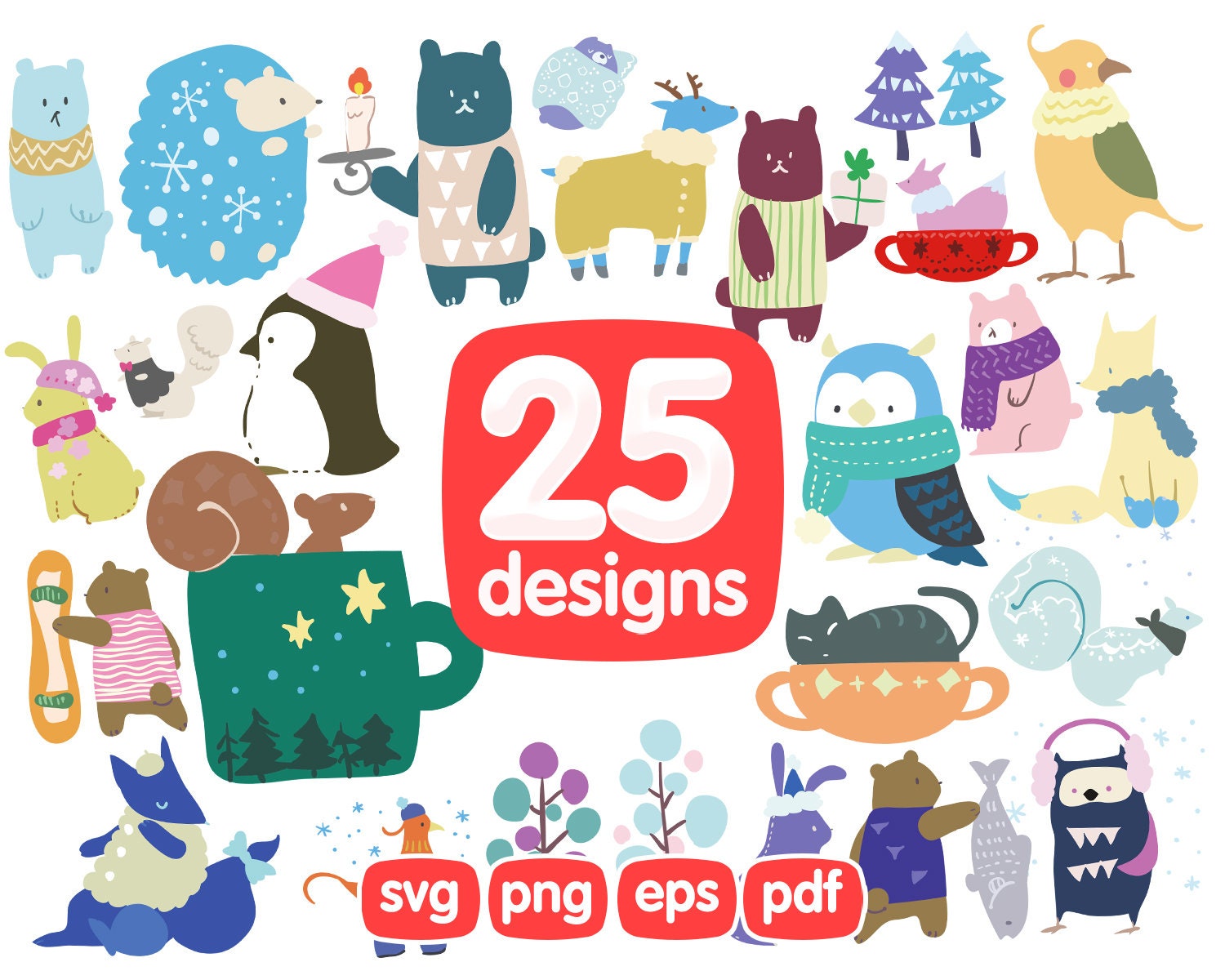 25 Animals in Winter Clipart Bundle, Winter Bear, Winter Penguin ...