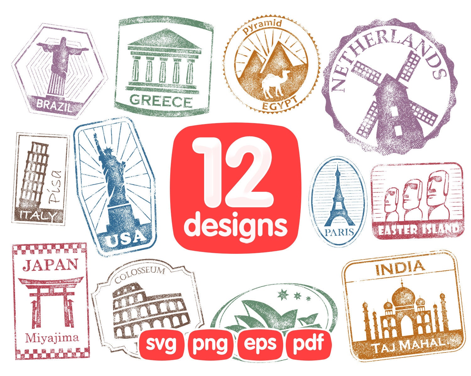 12 World Travel Stamp Clipart Bundle Brazil Greece Egypt - Etsy