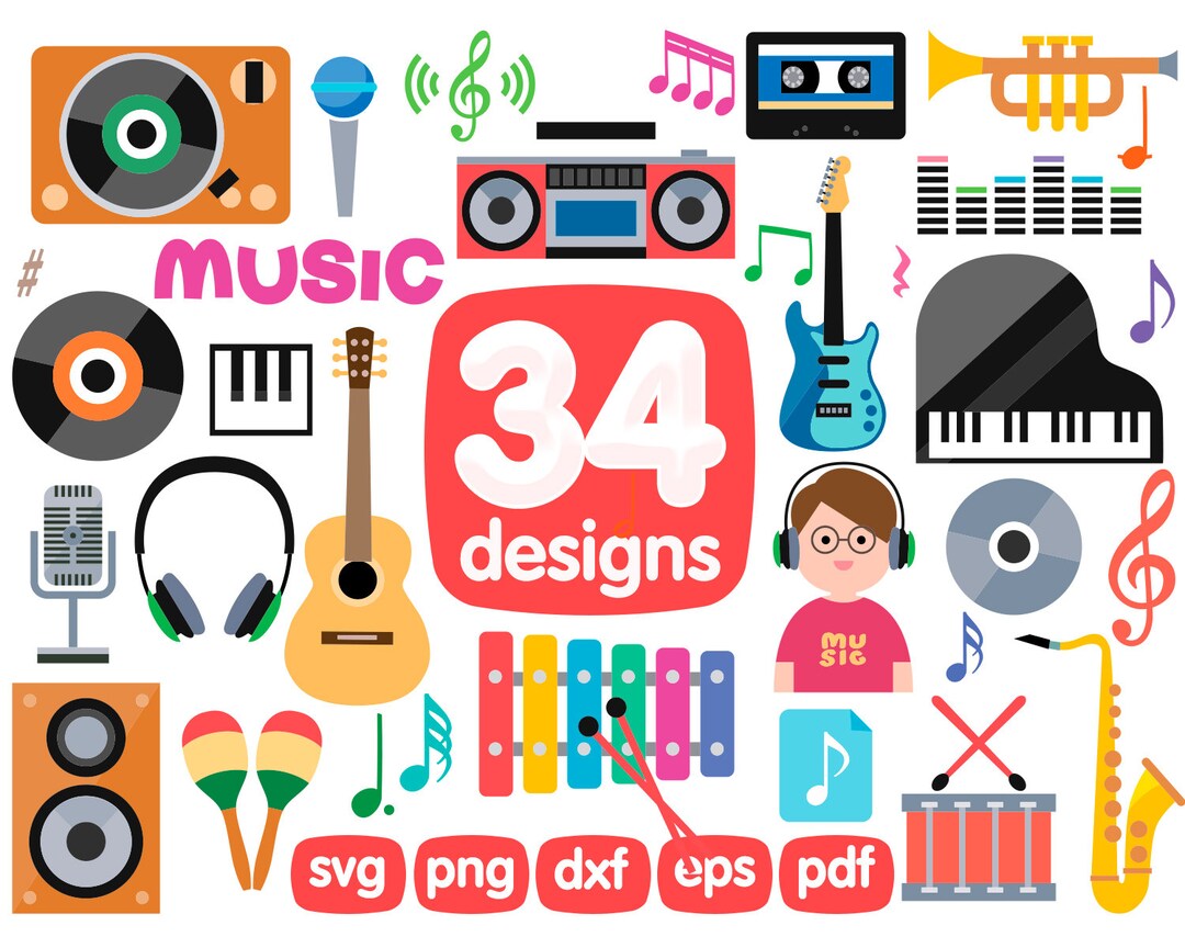 34 Music Instruments Clipart Bundle, Guitar, Piano, Microphone, Music ...