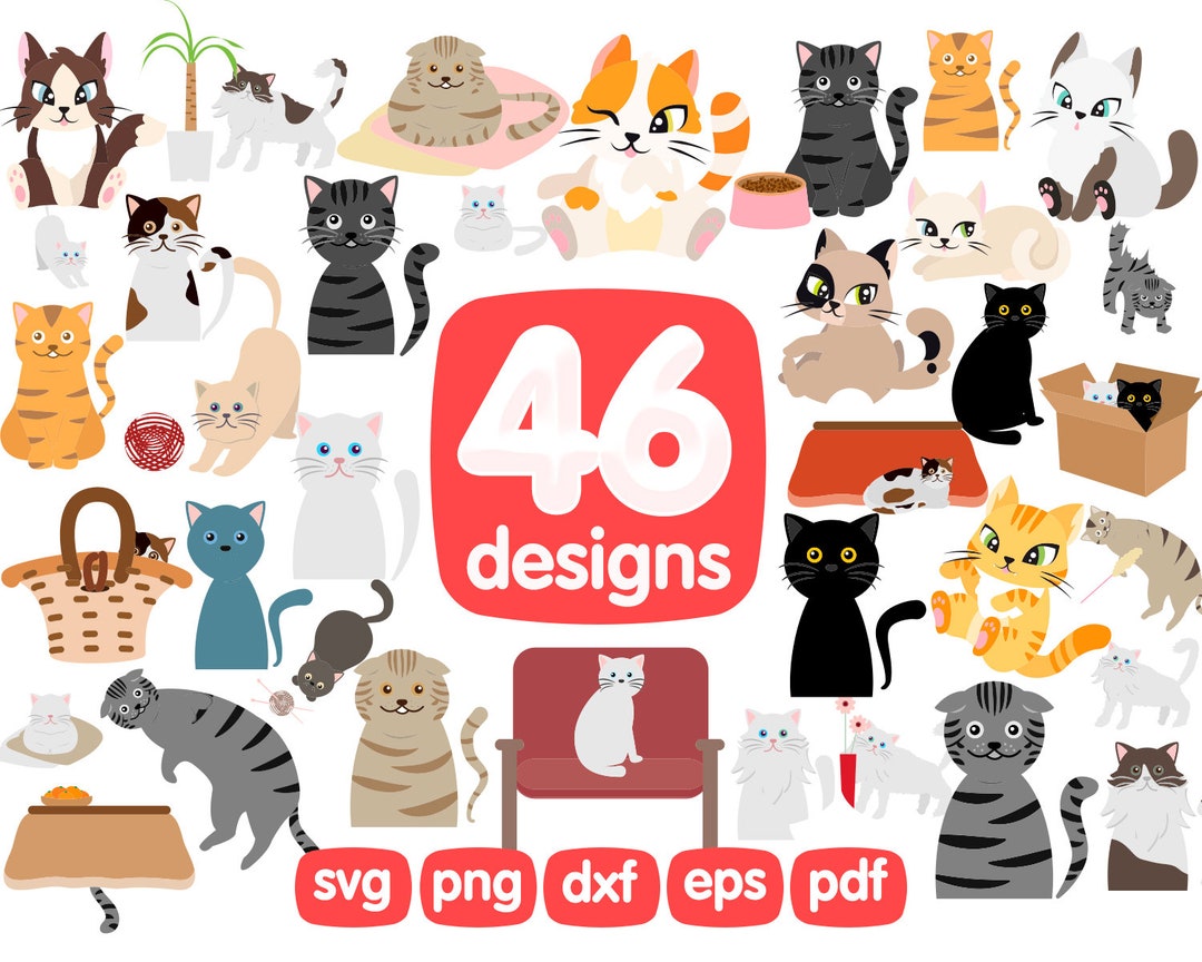 46 Cats Clipart Bundle, Cat Svg, Kitten Clipart, Cute Cat Clipart, Pet ...
