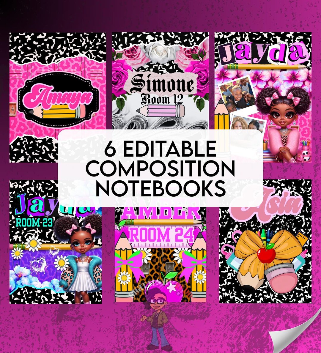 6 Editable Canva Composition Notebook Covers for Girls | Cute School ...